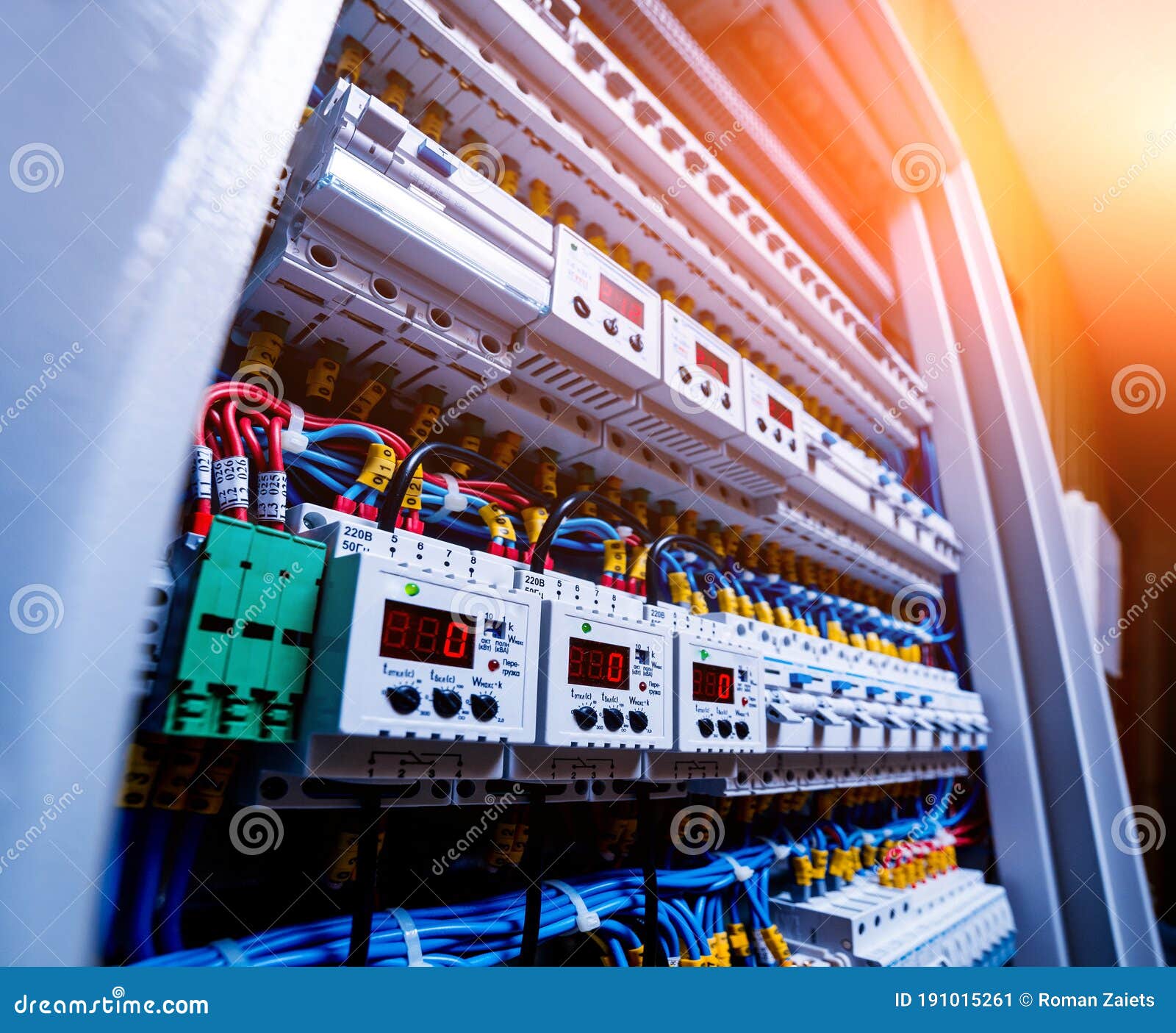 Voltage Switchboard with Circuit Breakers. Electrical Background. Stock ...