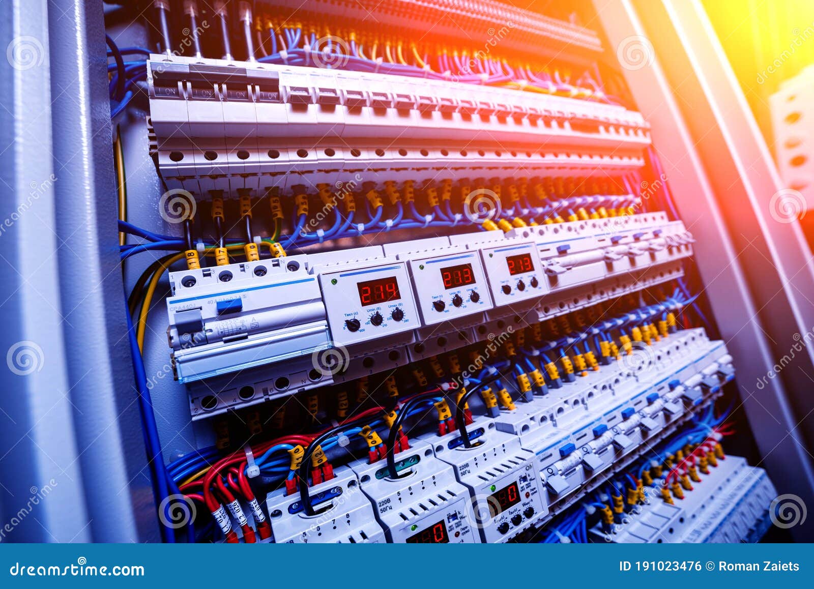 Voltage Switchboard with Circuit Breakers. Electrical Background. Stock ...