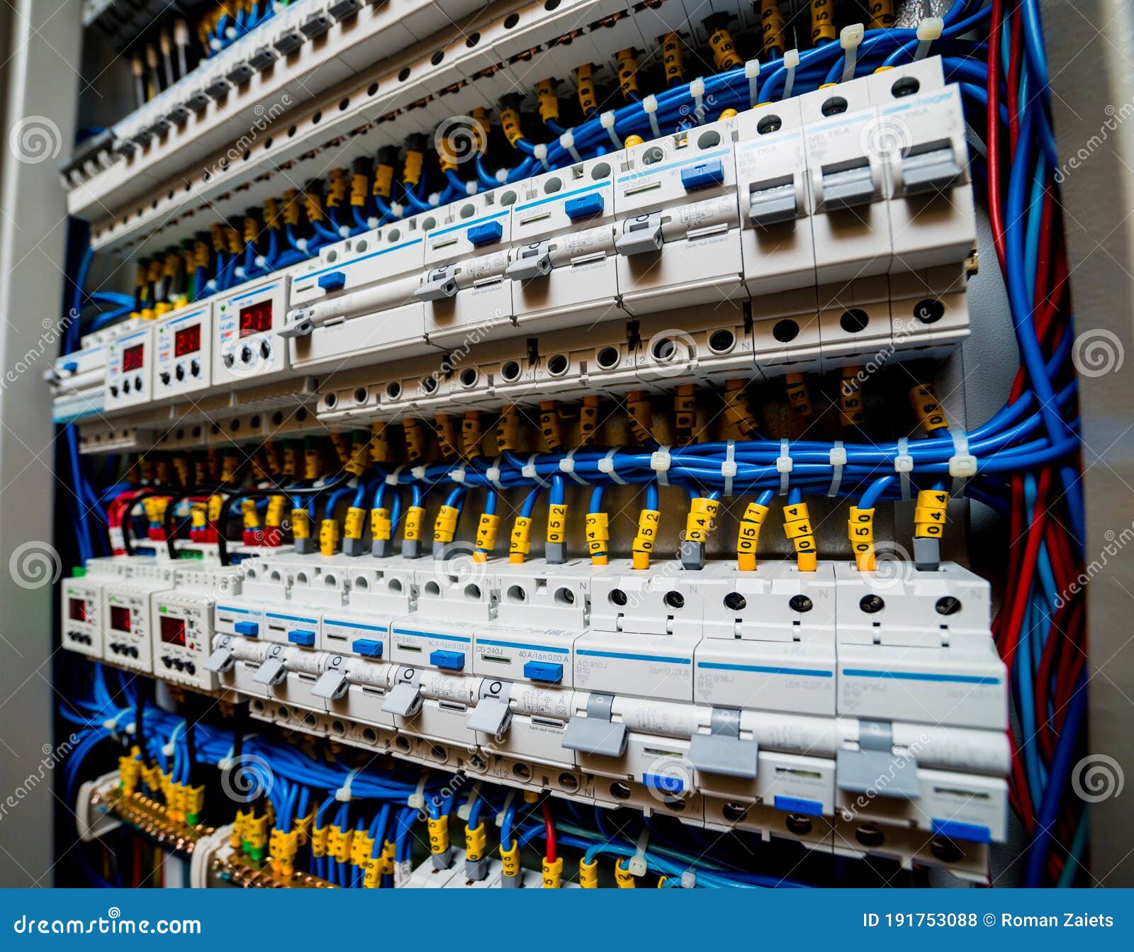Voltage Switchboard with Circuit Breakers. Electrical Background. Stock ...
