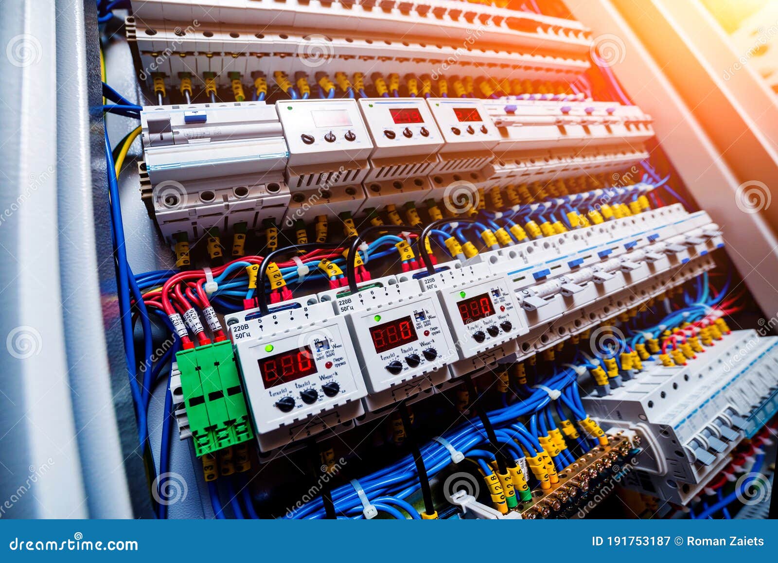 Voltage Switchboard with Circuit Breakers. Electrical Background. Stock ...