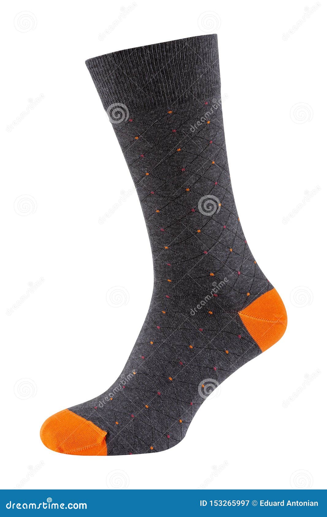 Volumetric Dark Gray Sock with Orange Toe and Heel, on a White ...