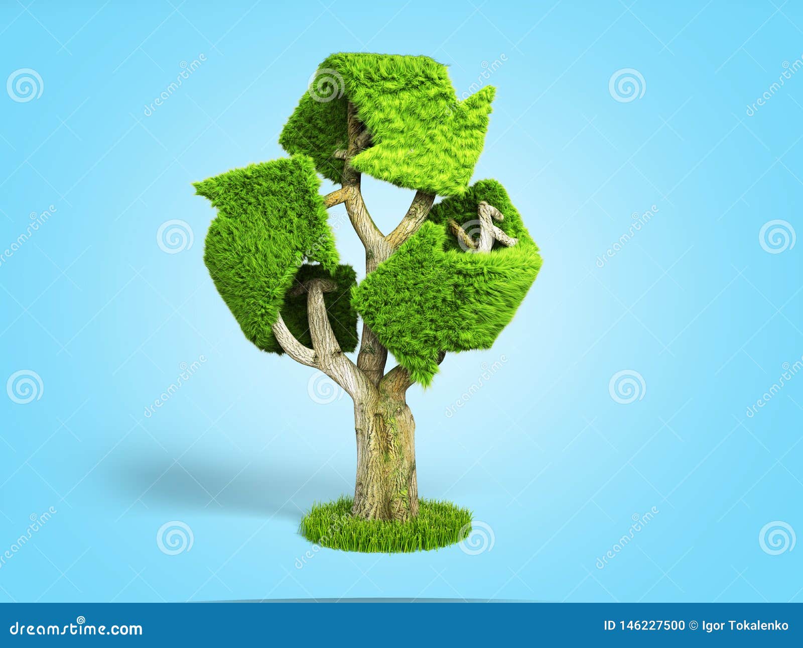Volumetric Green Grass Coated Recycling Sign As Tree 3d Render On Blue ...