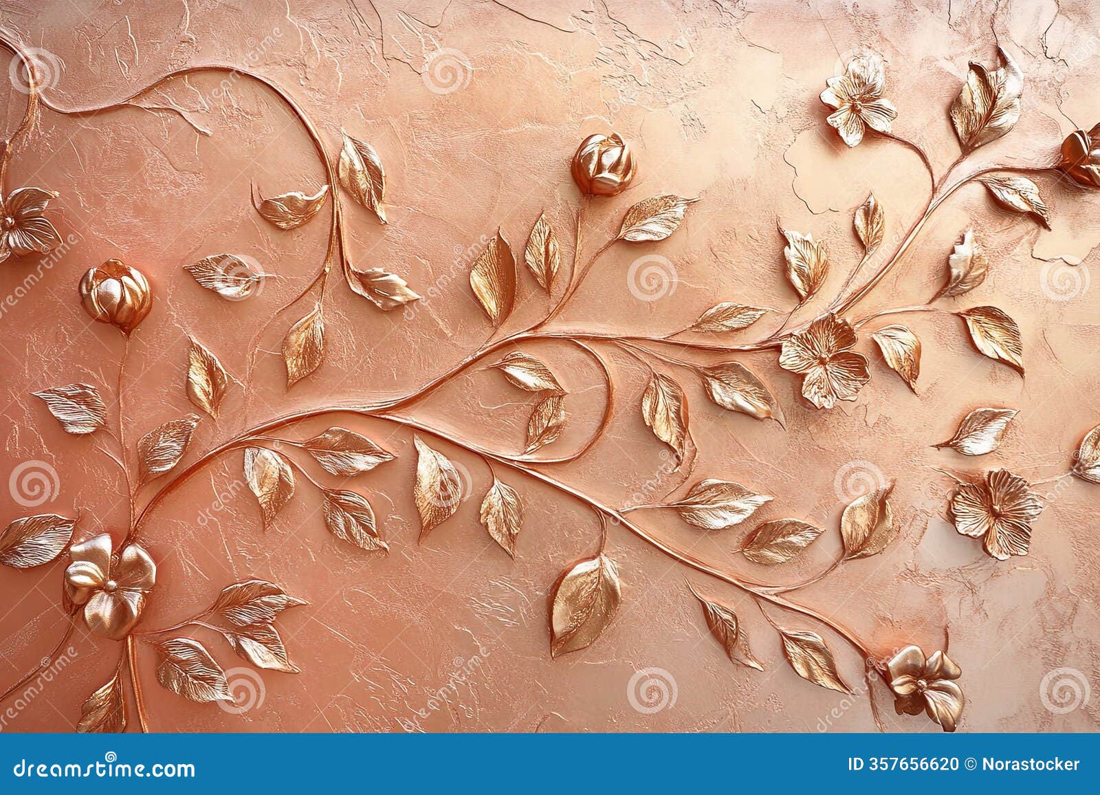 Volumetric Stucco Panel of Floral Vines in Rose Gold. Art Stock Photo ...
