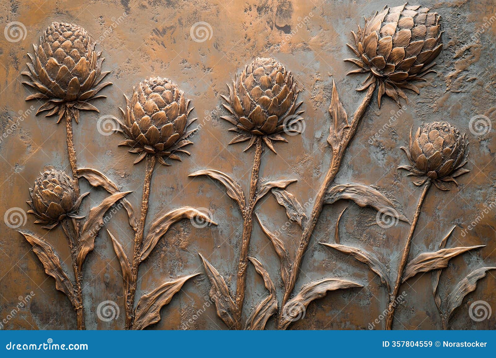 Volumetric Stucco Panel of Thistles in Aged Copper: Bold Thistles Stock ...