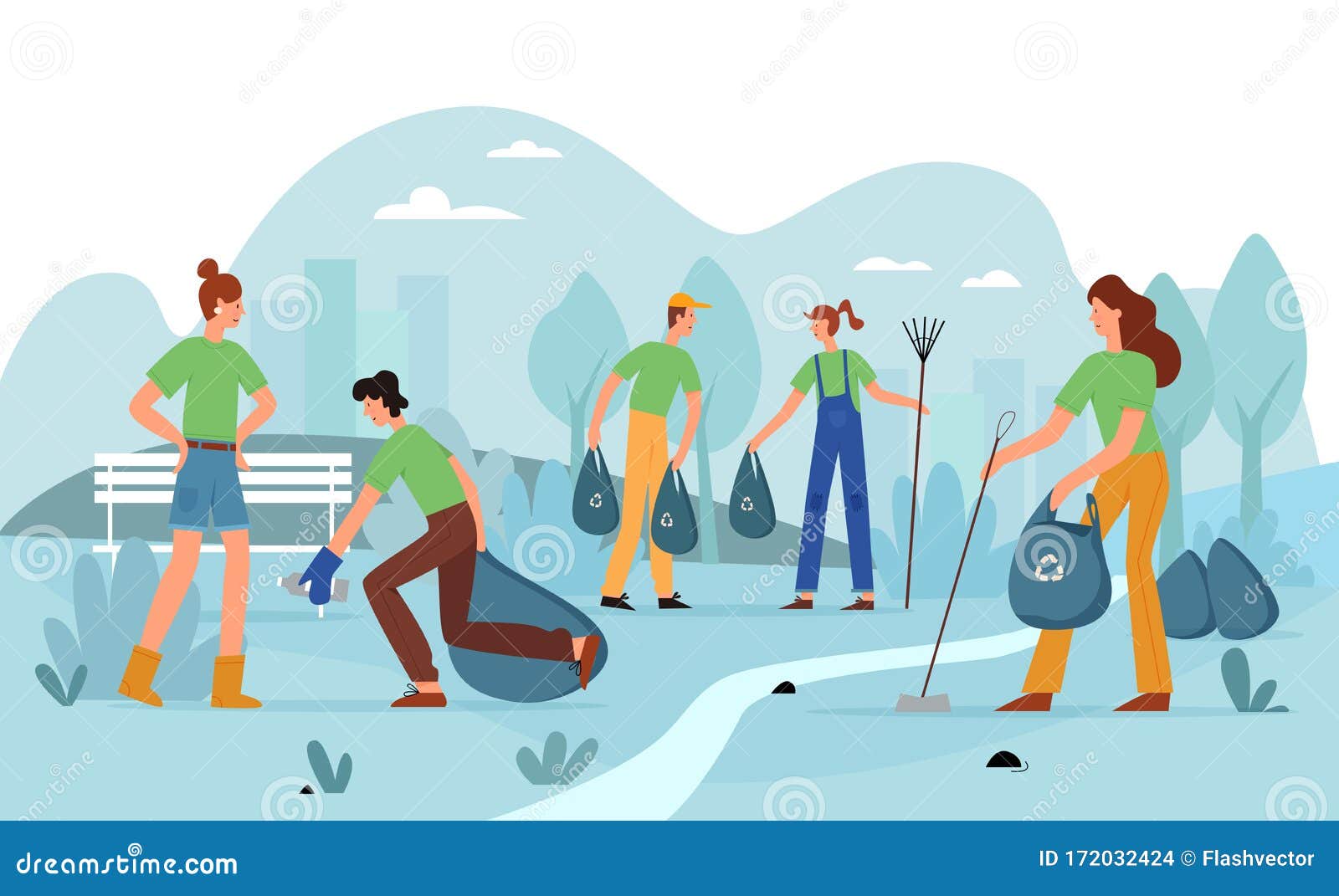 Volunteer Activity, City Park Garbage Collection Vector Illustration ... Volunteer Activity, City Park Garbage Collection Vector Illustration ...