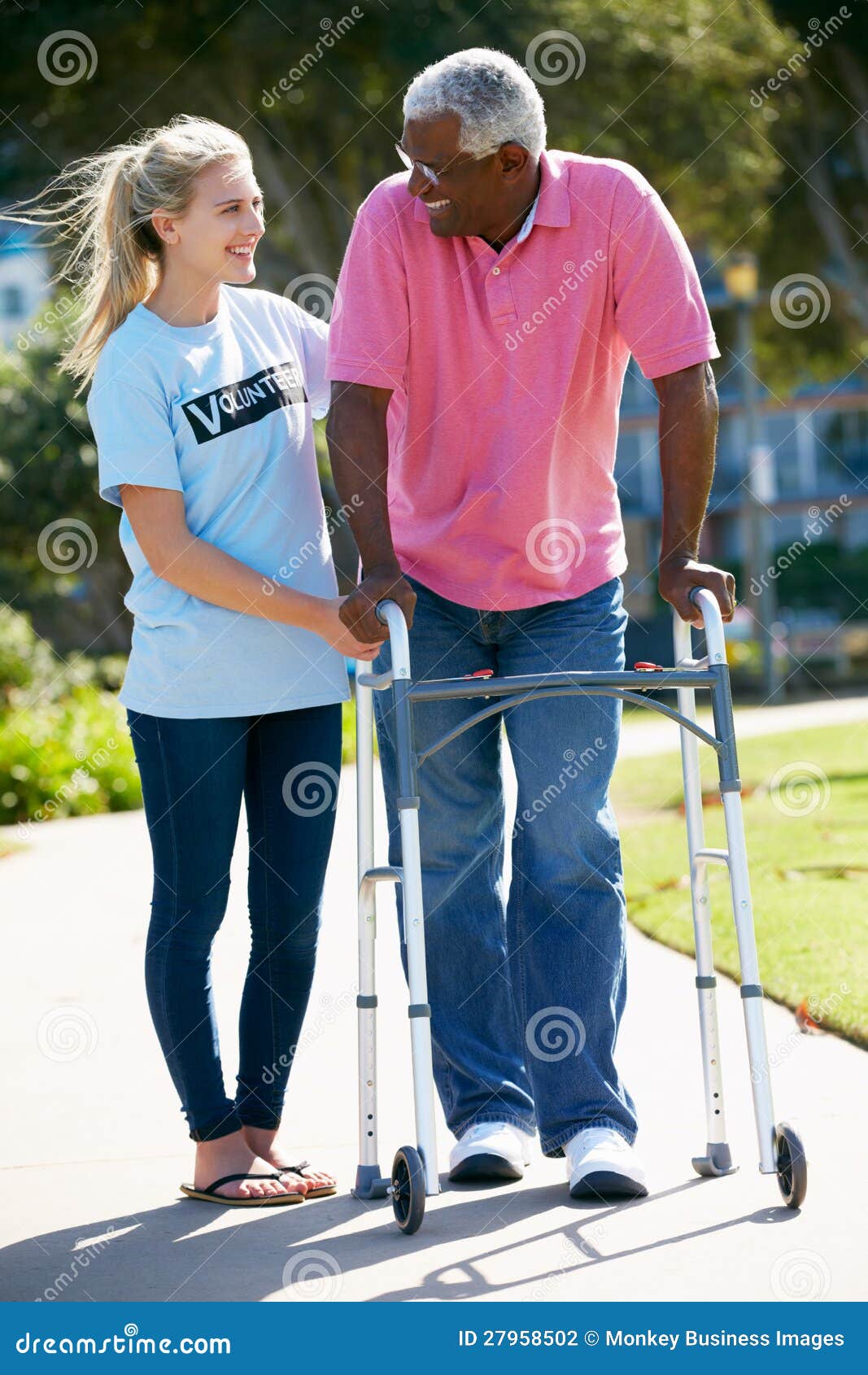 Volunteer Helping Senior Man with Walking Frame Stock Photo - Image of ...