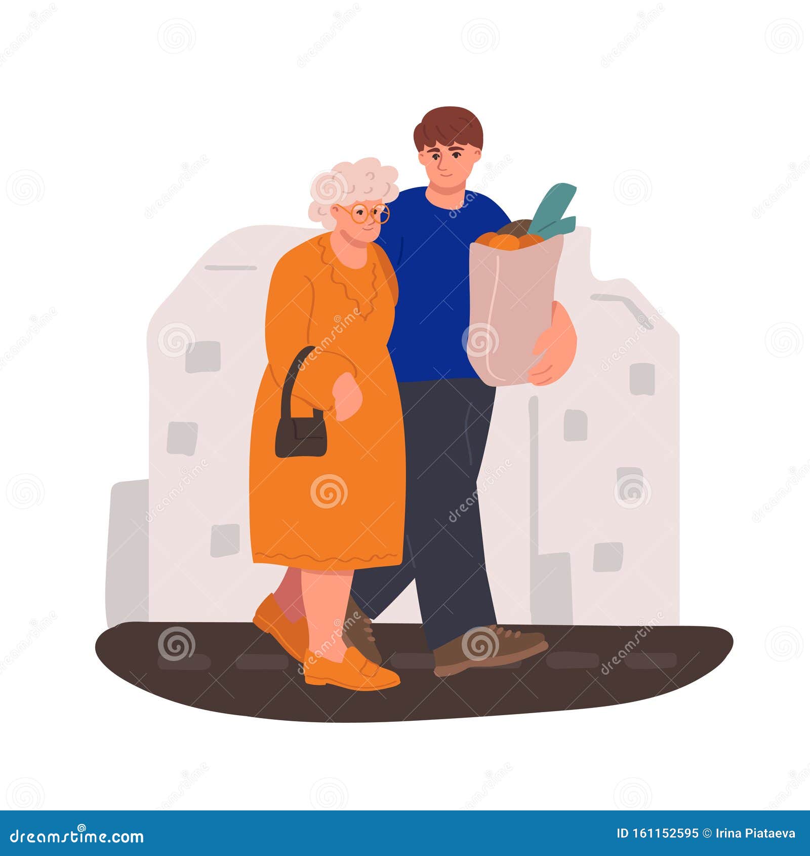 Volunteer Helps An Old Woman Carry A Grocery Bag Charity Donation
