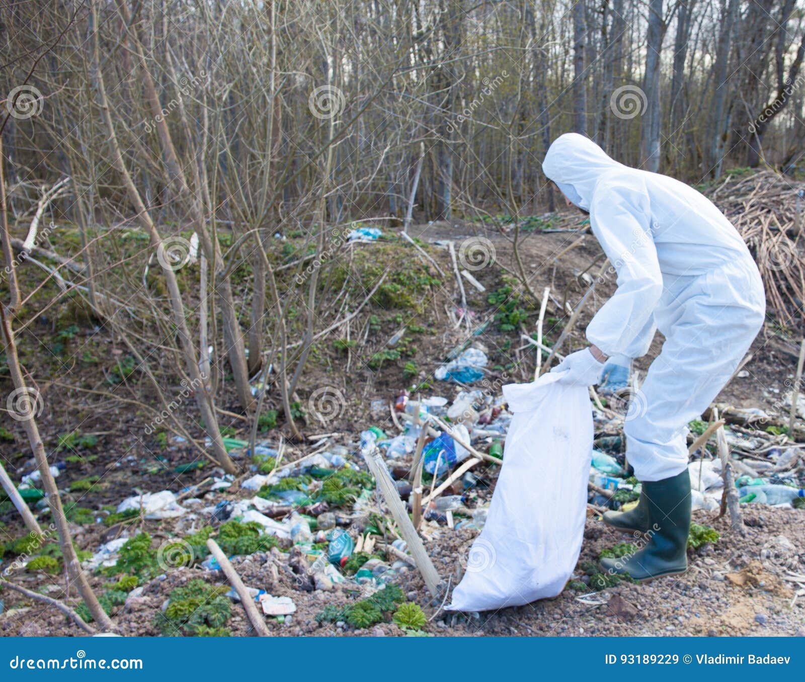 Volunteer Man in White Protective Clothing Collects Garbage Stock Image ...
