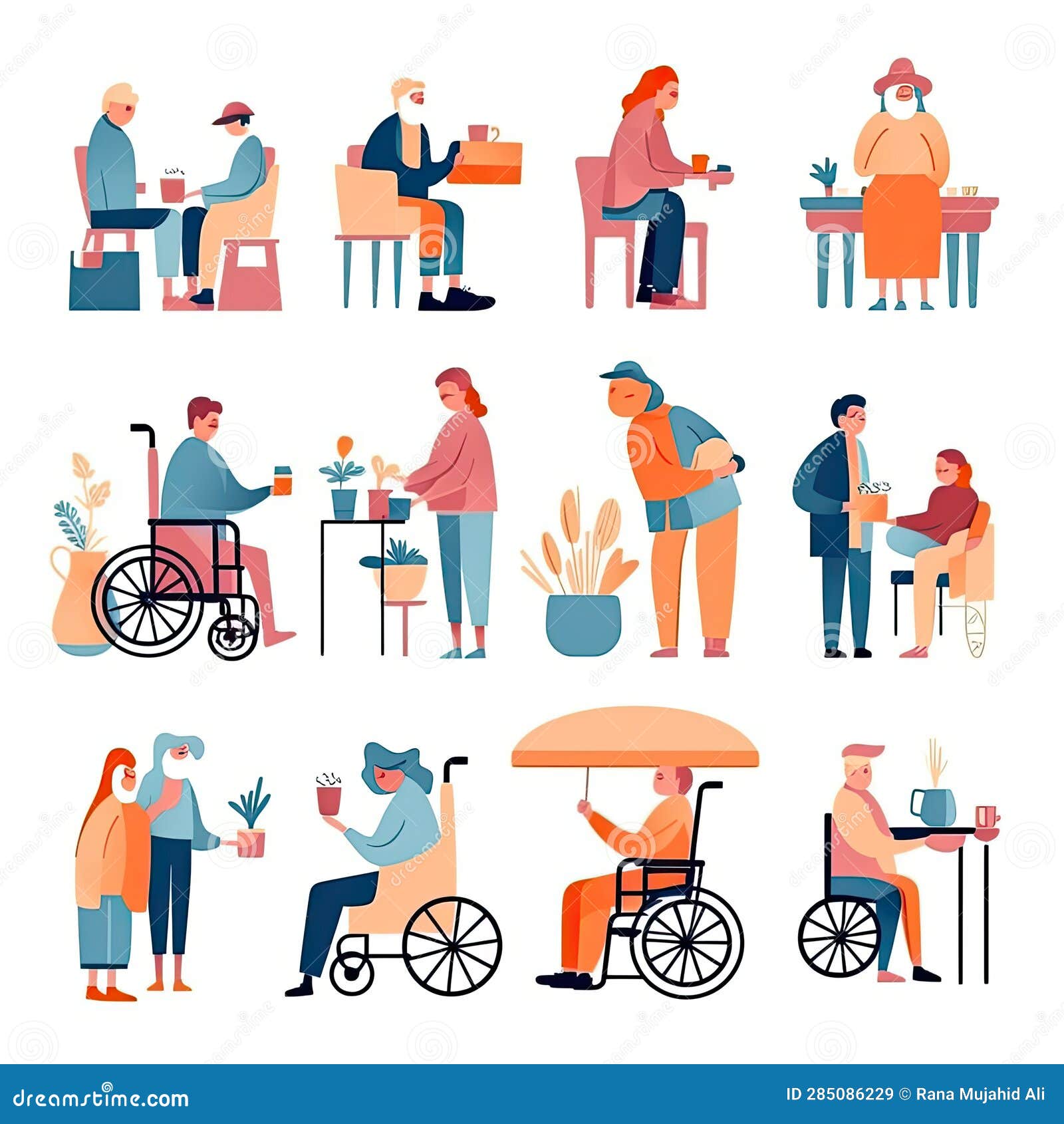 Volunteers Helping Senior People with Disability Flat Vector ...