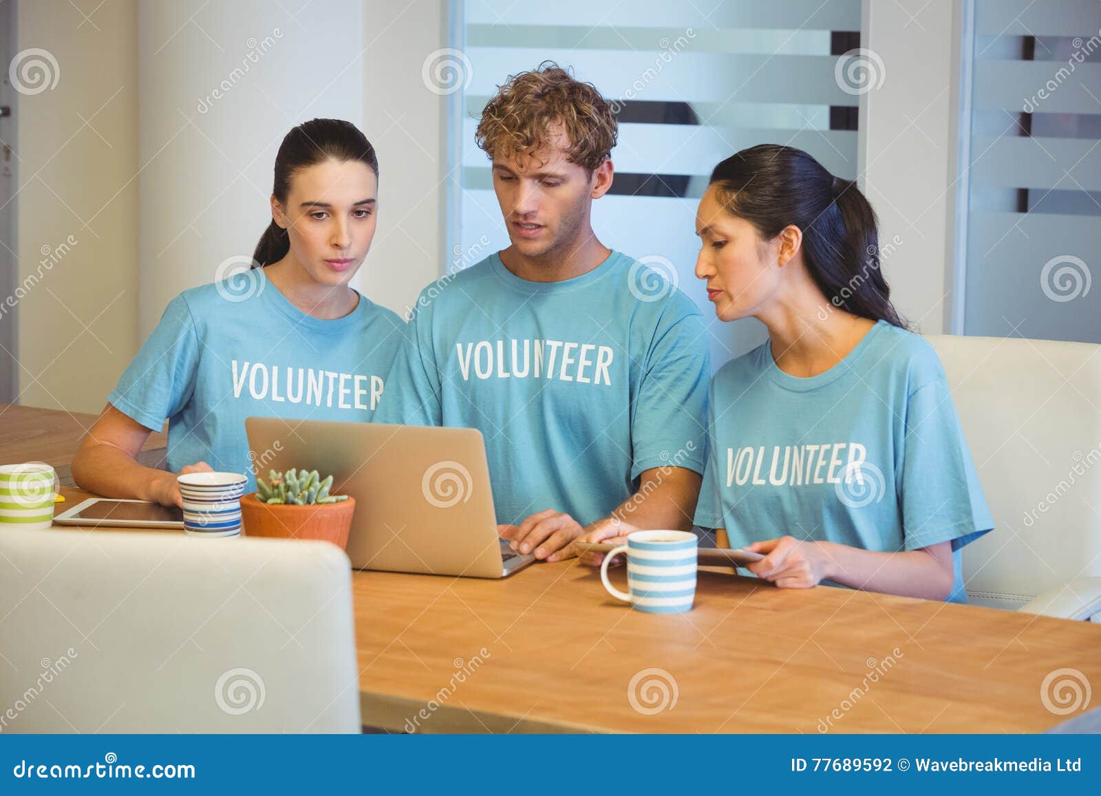 Volunteers using a laptop stock photo. Image of chinese - 77689592