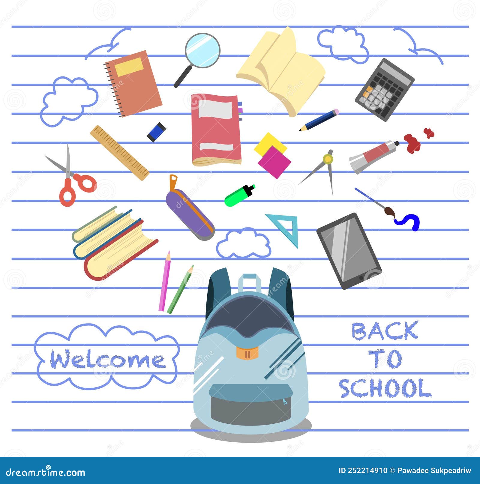 Volver a La Escuela Con Elementos Y Elementos Escolares. Ilustración ...