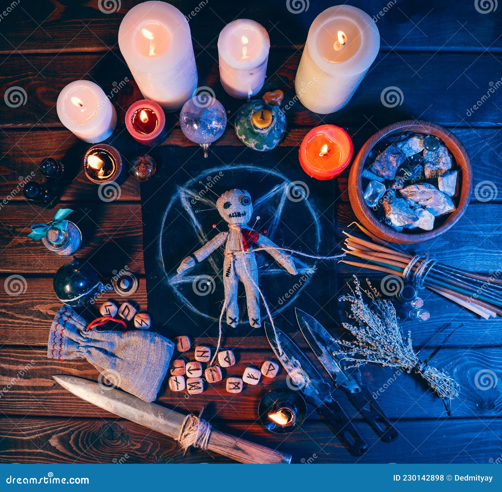 Voodoo Doll on Table in Pentagramma and Magical Attributes, Top View ...