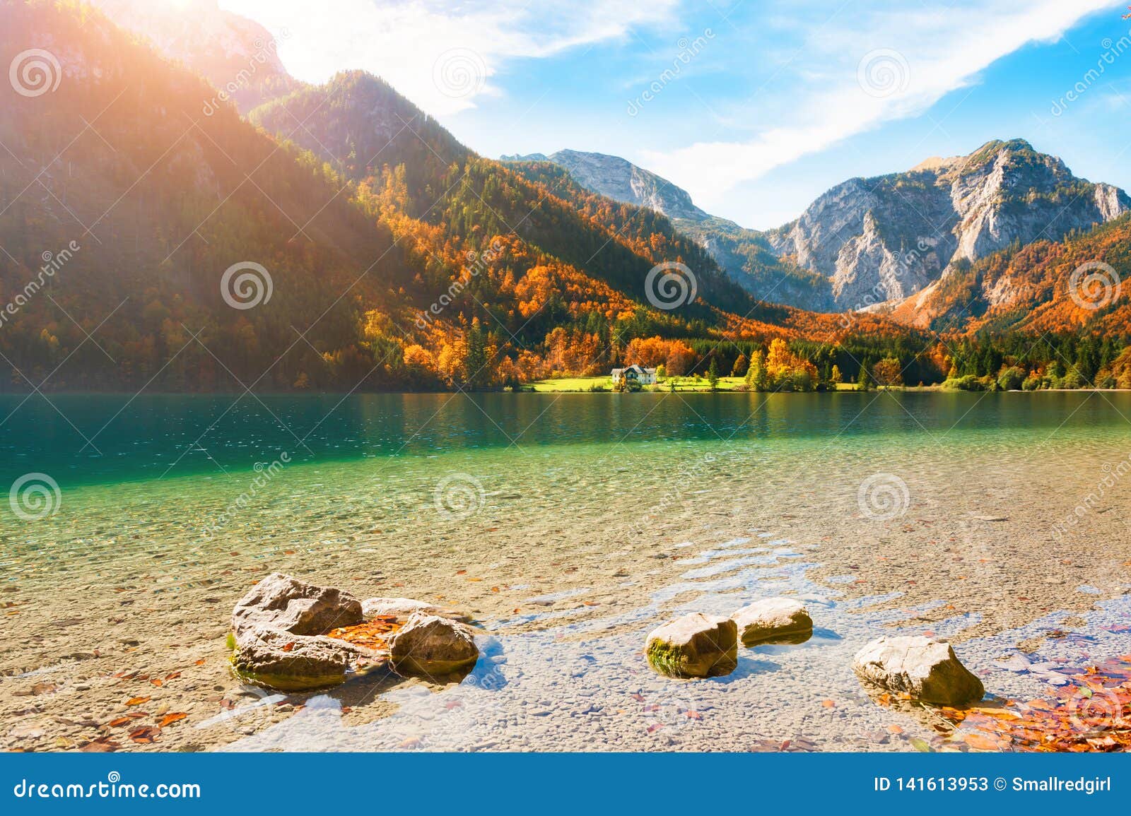 Lake in Autumn Alps Mountains, Austria Stock Image - Image of evening ...