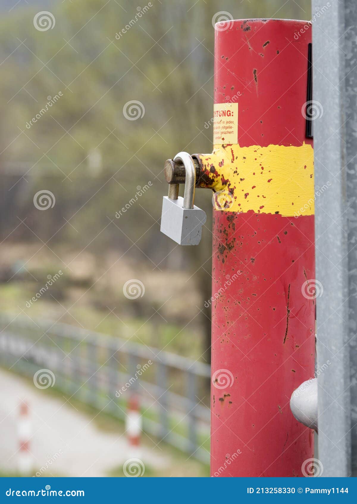 Padlock with steel post. stock photo. Image of safety - 213258330
