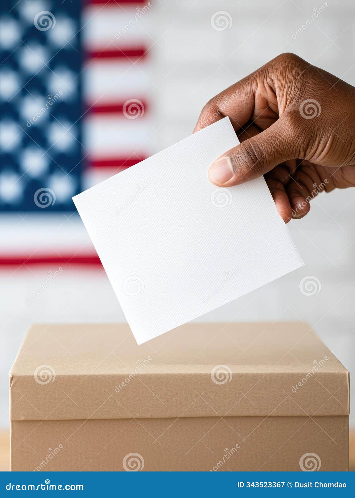 Voter Placing Ballot into Election Box with American Flag Backdrop ...