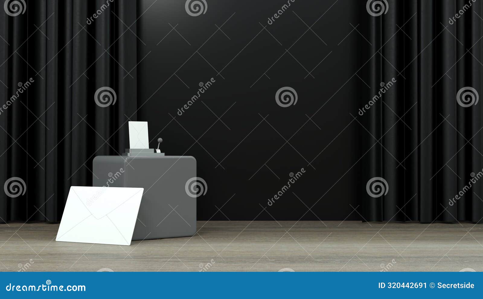 Voting Box with Large Envelope on a Black Background and Black Curtain ...