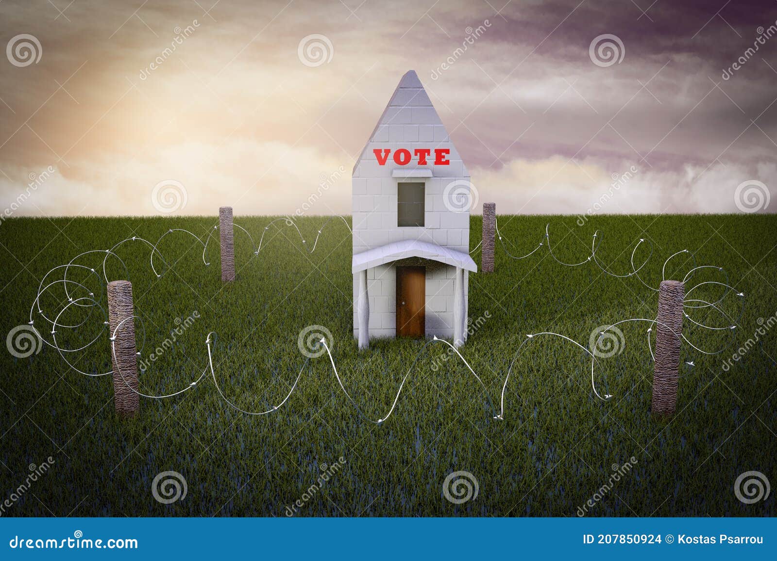 Voting House Surrounded by Barbed Wire Demonstrating Voting Issue. 3D ...
