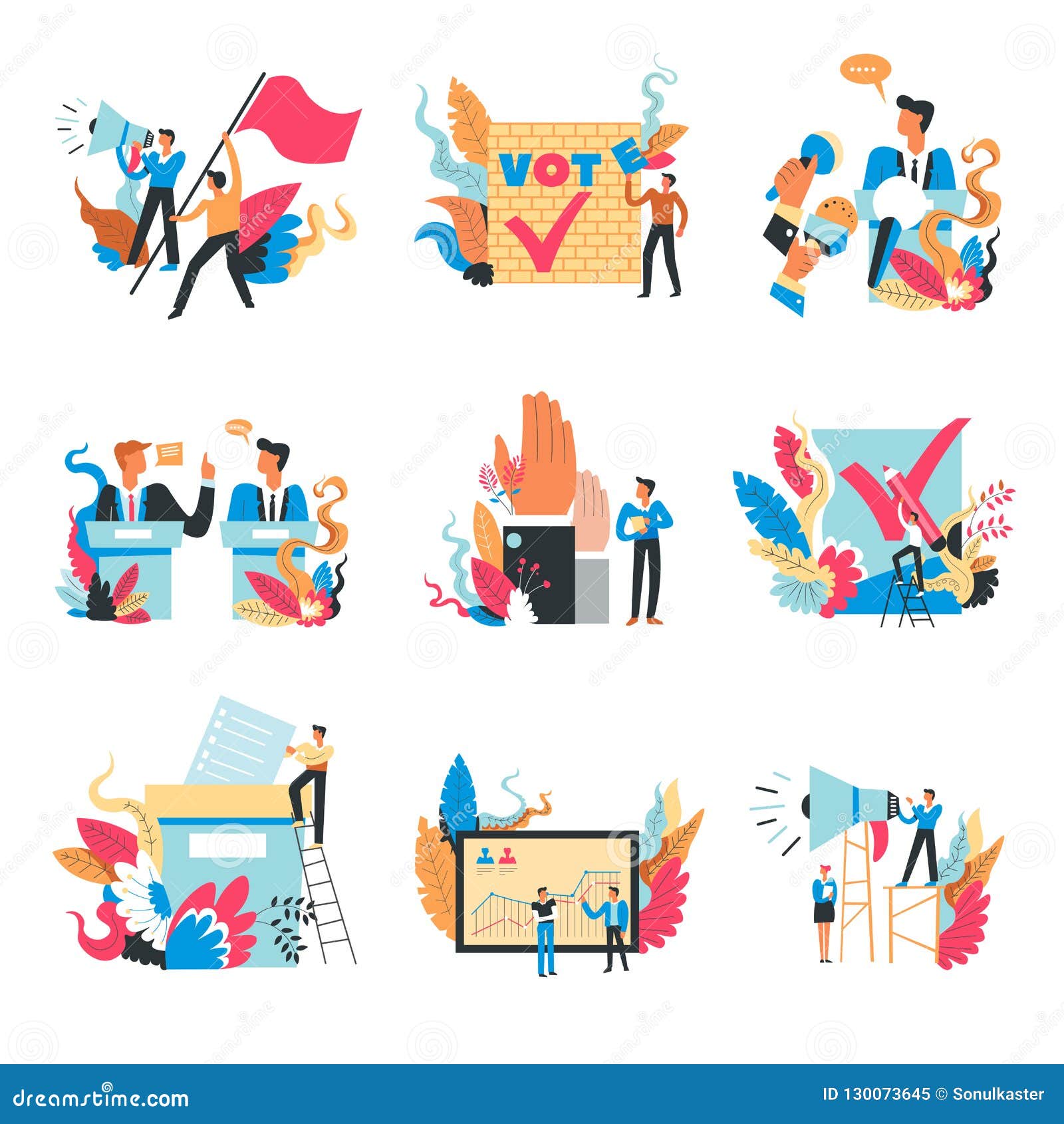 Voting Process, People With Loudspeakers And Flags Set Cartoon Vector ...