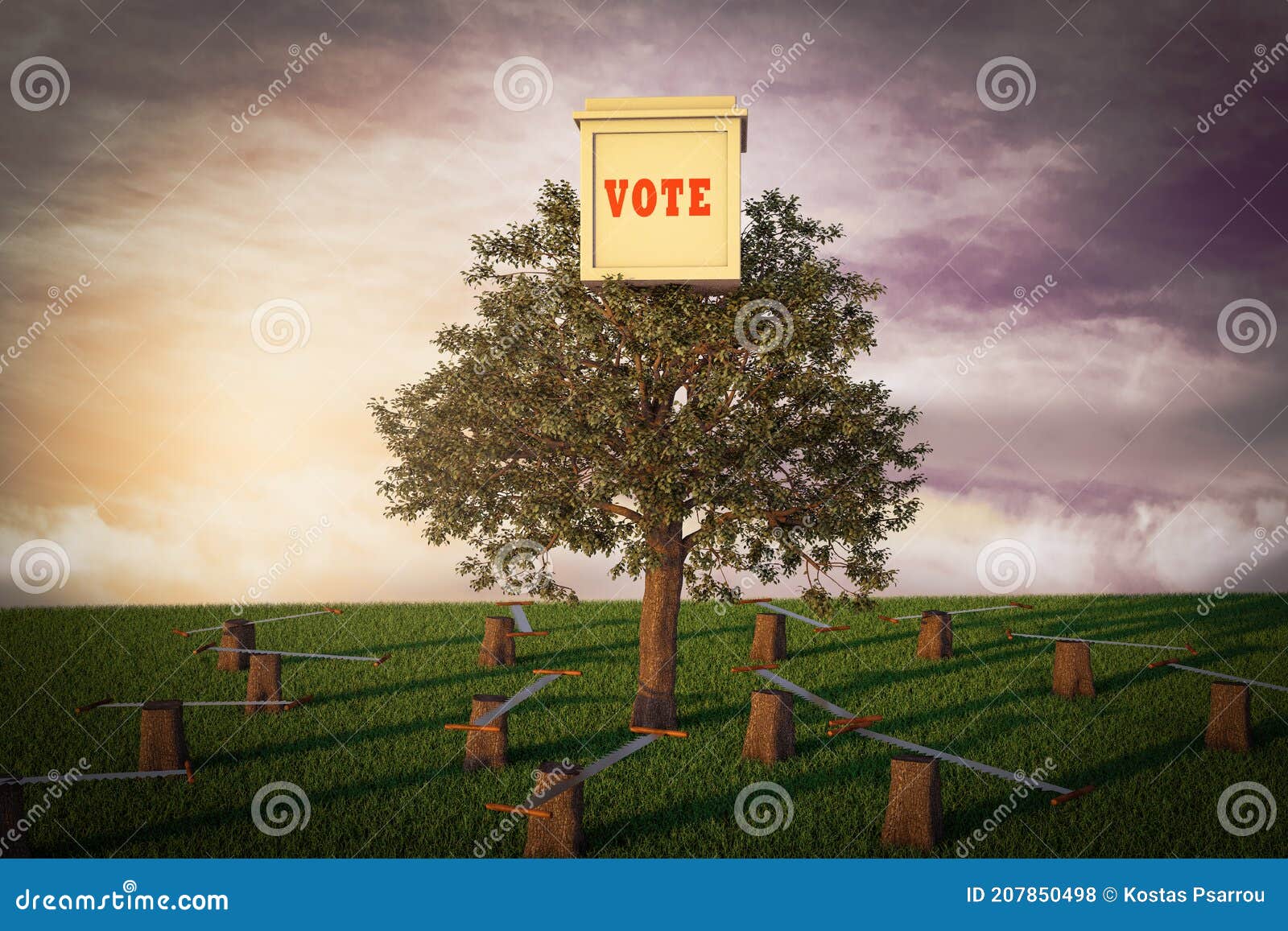 Voting Tree Surrounded By Saws And Cut Down Trees Demonstrating Voting ...