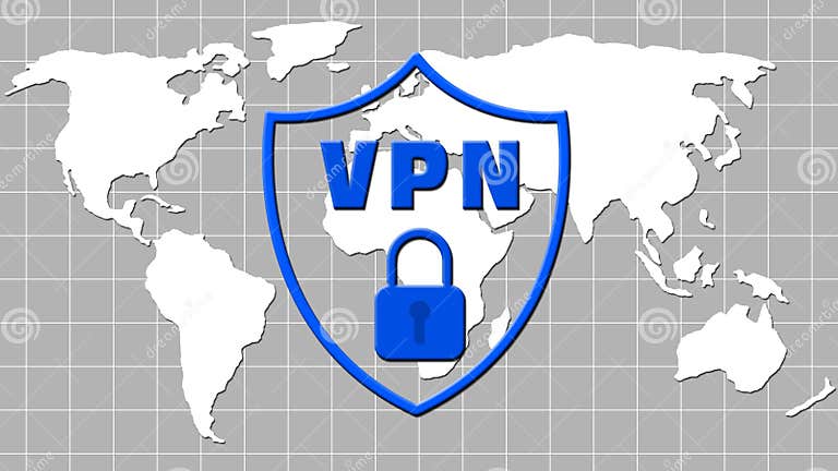 VPN Blue Logo in Shield with Padlock Over Grid Pattern with White World ...