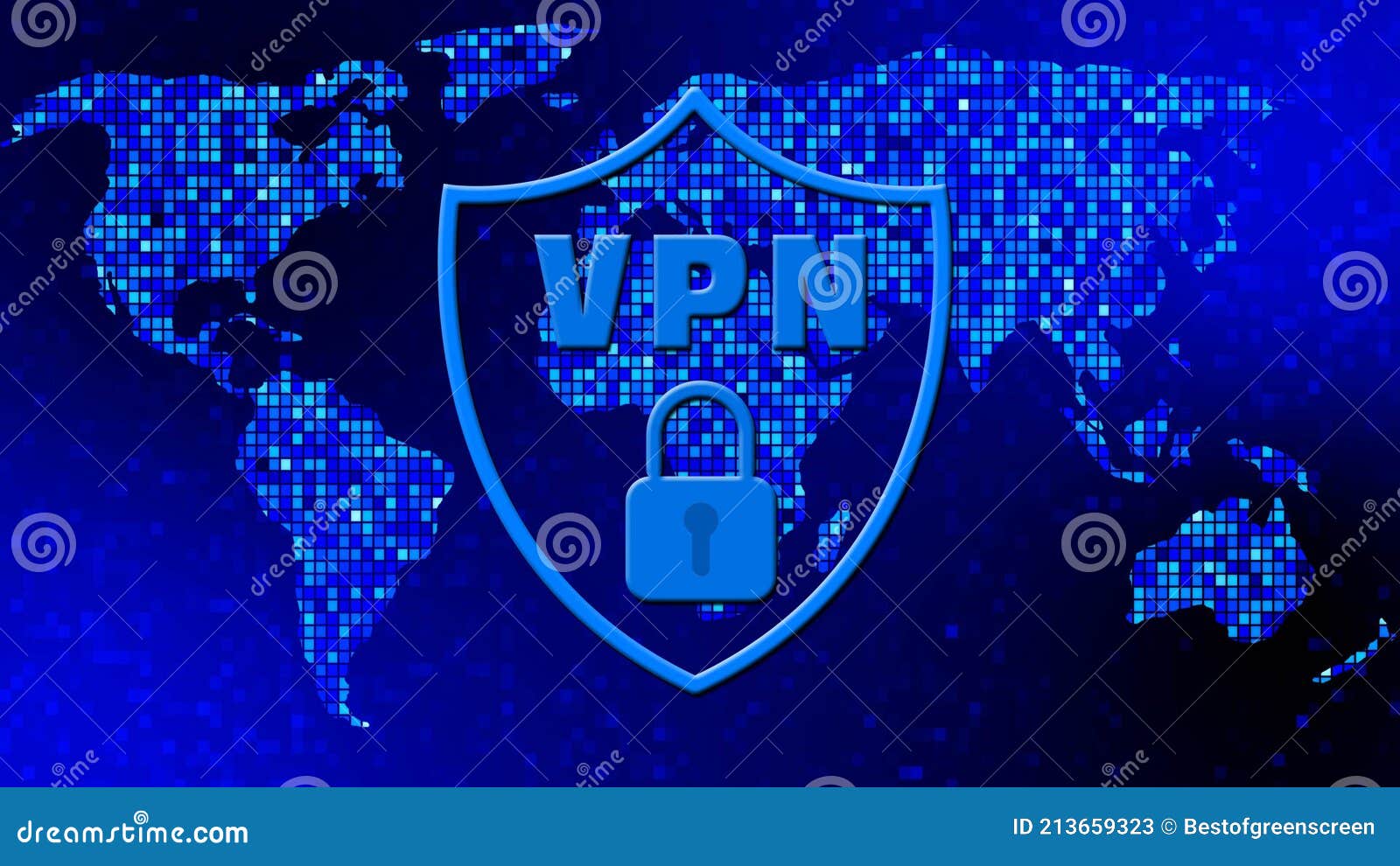 VPN Blue Logo in Shield with Padlock on World Map Over Mosaic ...