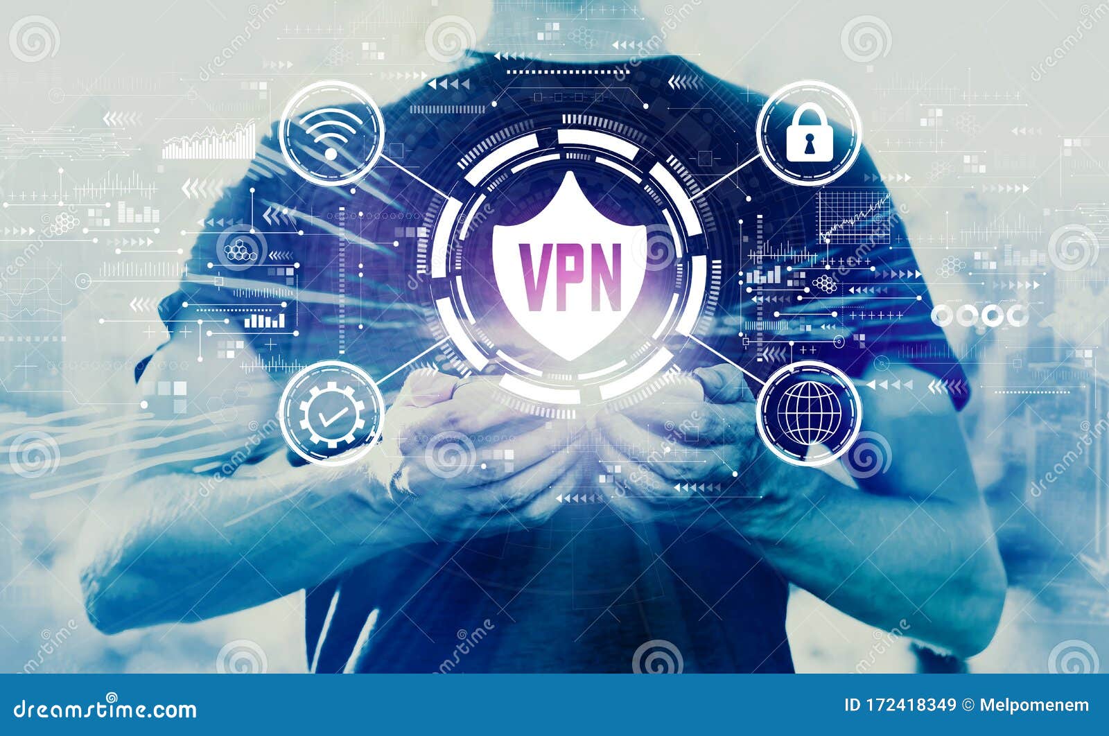 VPN Concept with Man Holding Smartphone Stock Image - Image of building ...