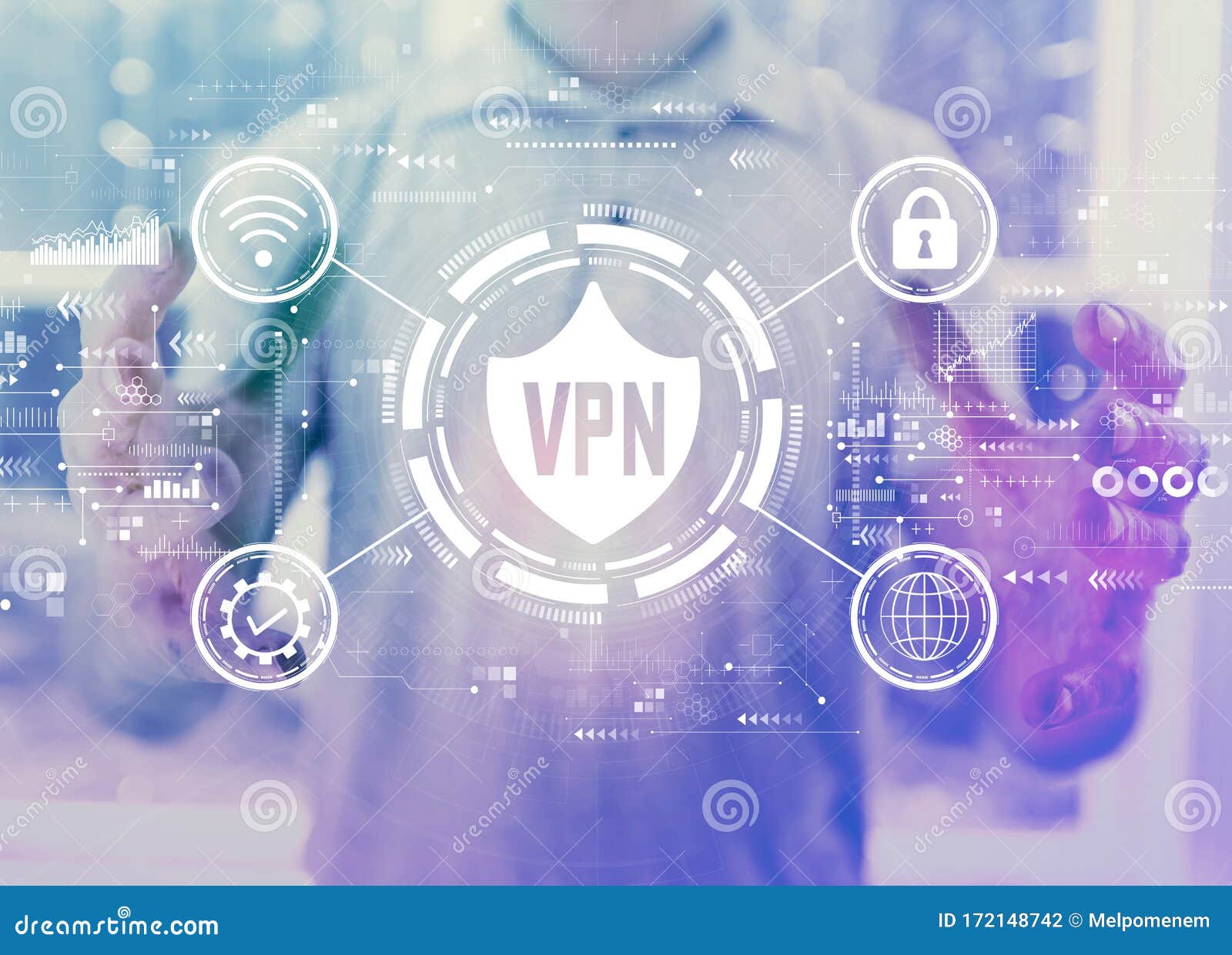 VPN concept with young man stock photo. Image of indoor - 172148742