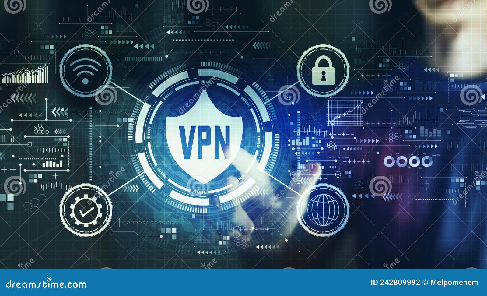 VPN Concept with Young Man in the Night Stock Photo - Image of icons ...