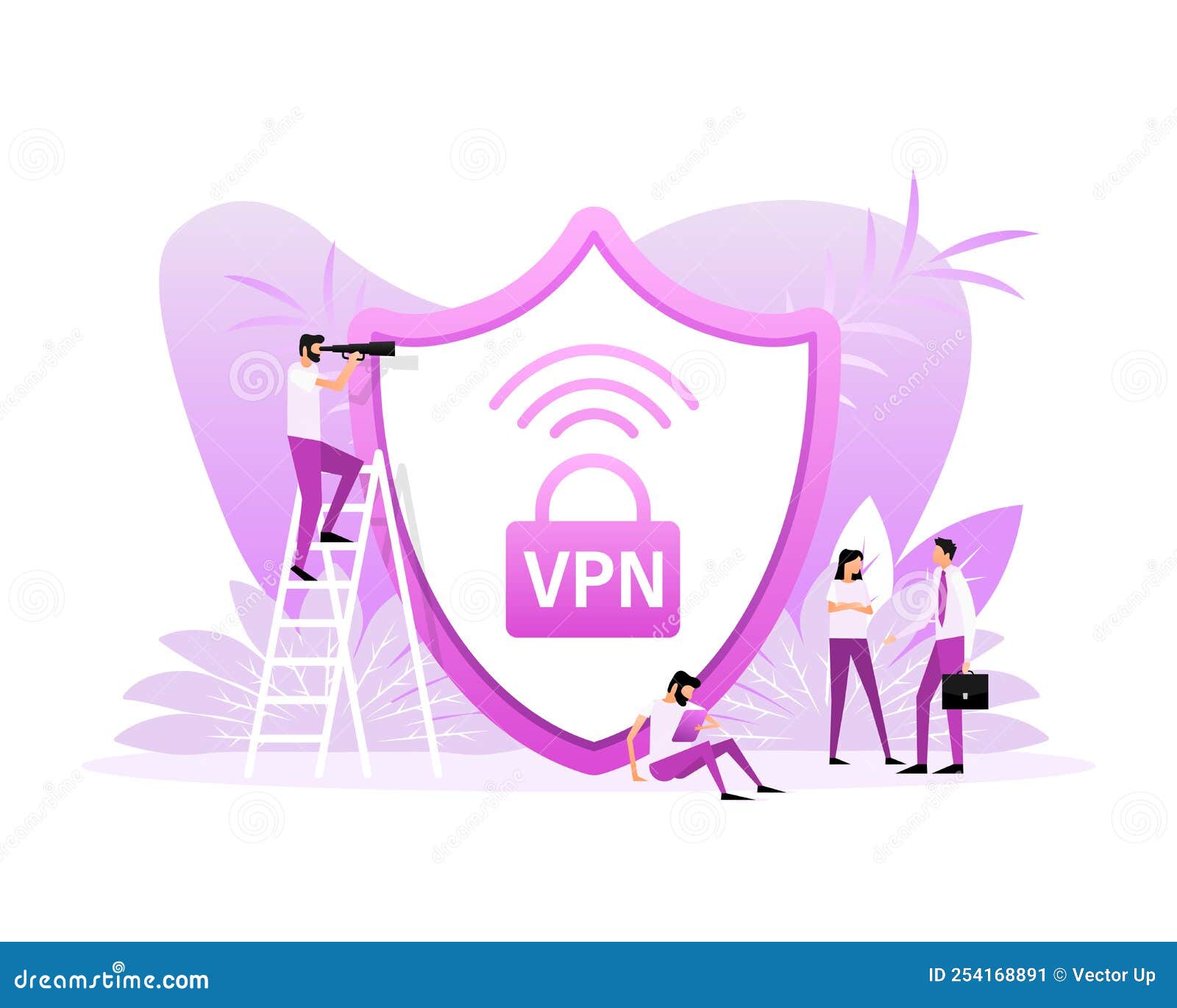 VPN Flat Blue Secure Badge on White Background. Flat Style Characters ...