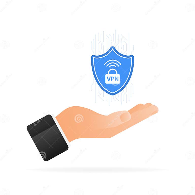 VPN Flat Blue Secure Label in Hand on White Background. Vector ...