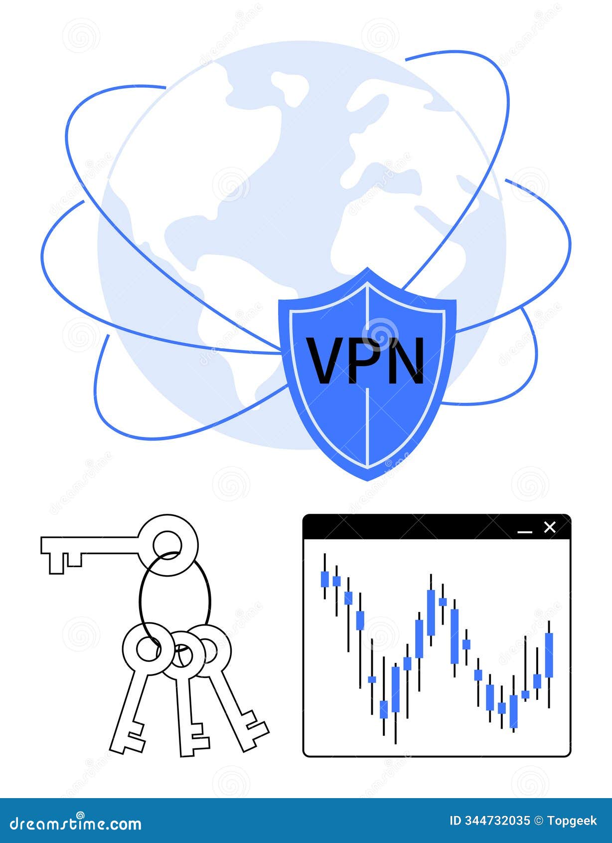 Secure Global Network with VPN Shield, Keys, and Analytics Chart ...