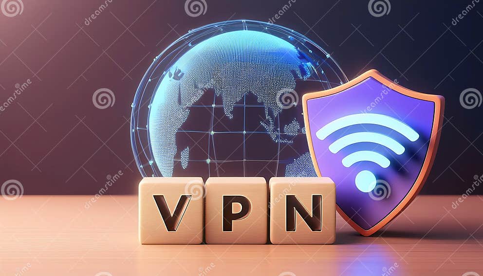 VPN Symbol with Globe and Shield on a Wooden Surface Digital Security ...