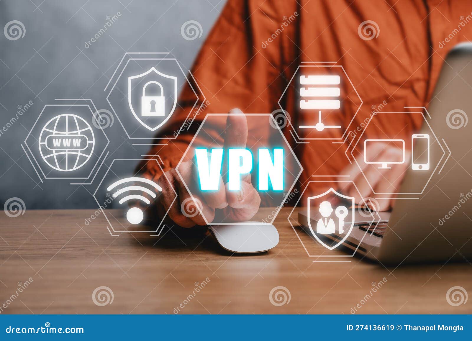 Man Working on Laptop Computer and Hand Touching Virtual Private ...