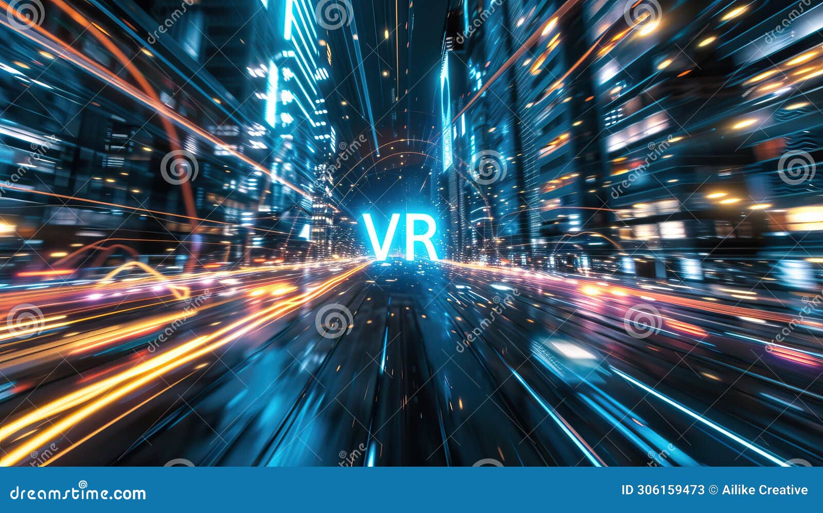 VR Code Illuminating a Futuristic Cityscape with Motion Blur Stock ...