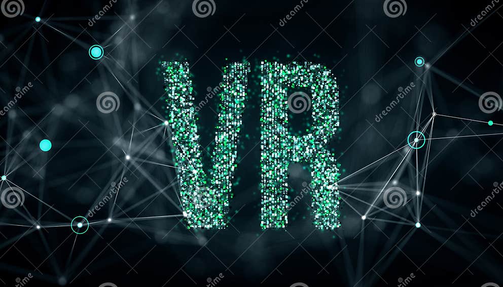 VR Concept with Glowing Pixelated Letters and Connected Network Lines ...