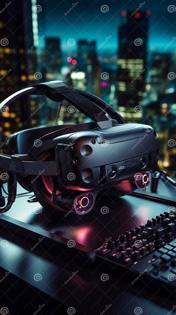 VR Device on Control Table Innovative Tech Setup Against a Backdrop of ...