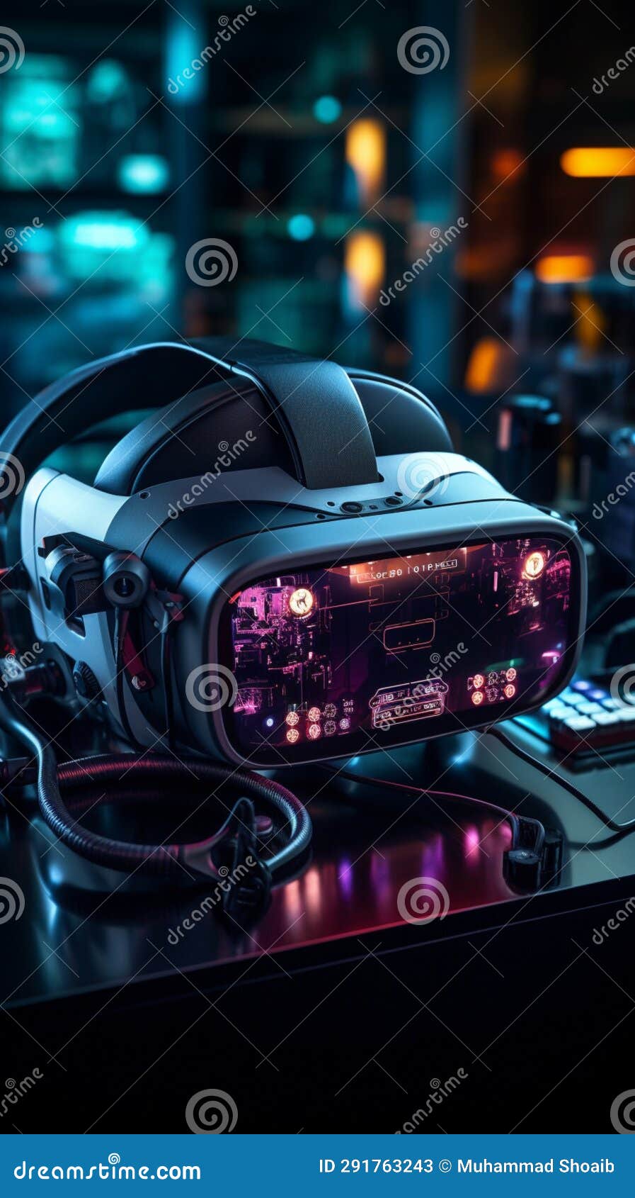 VR Device on Control Table Innovative Tech Setup Against a Backdrop of ...