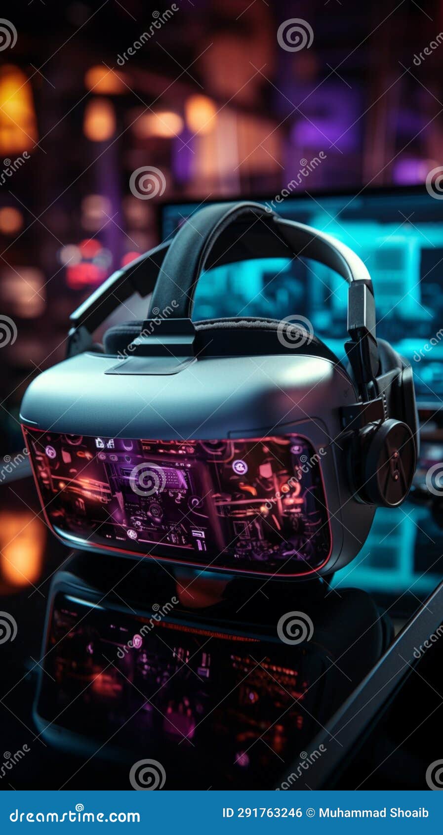 VR Device on Control Table Innovative Tech Setup Against a Backdrop of ...