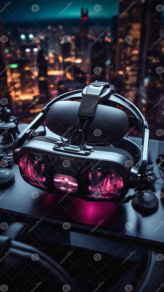 VR Device on Control Table Innovative Tech Setup Against a Backdrop of ...