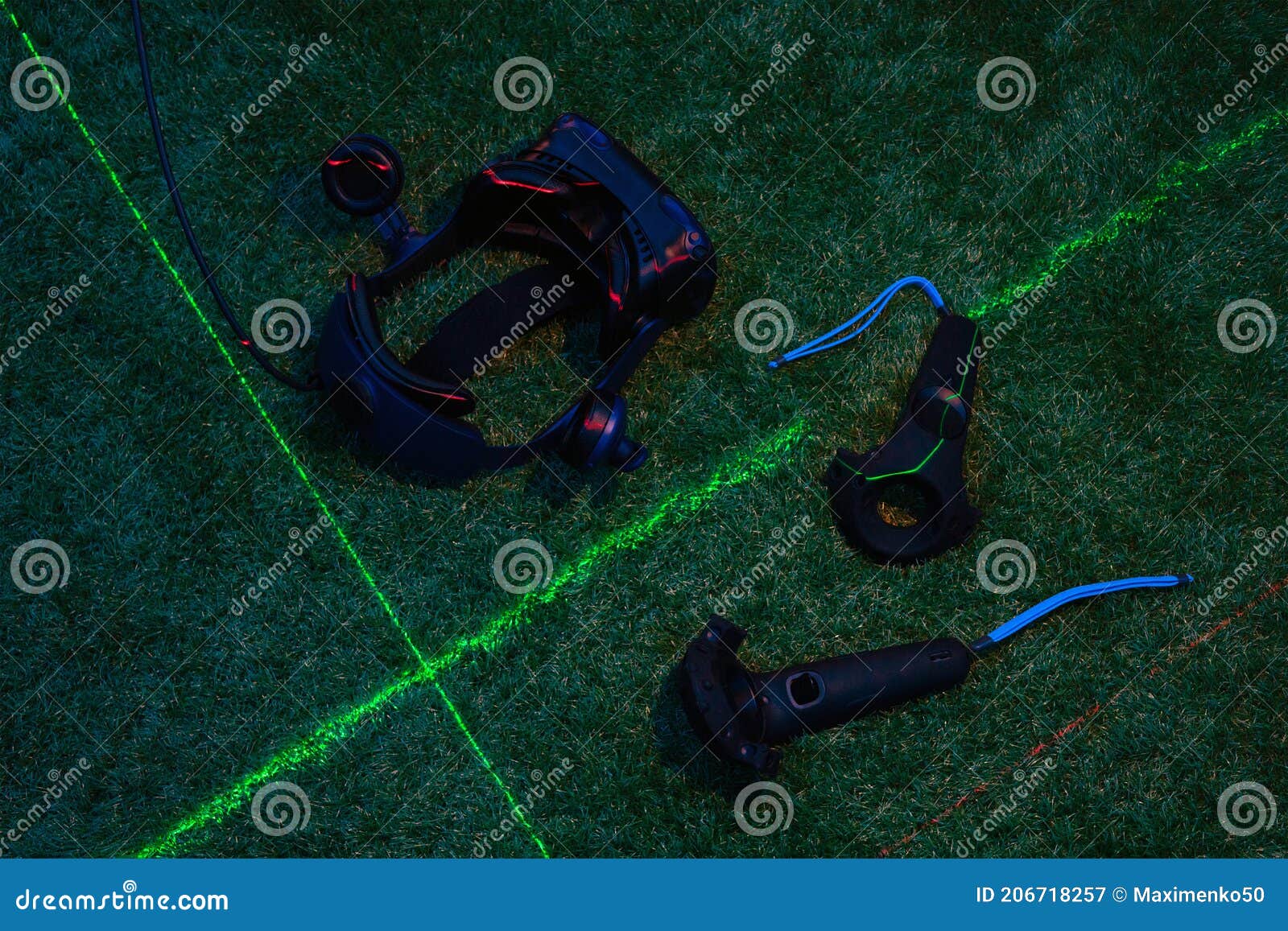 VR Equipment Set Presented on Green Background Goggles, Scanner, Two ...