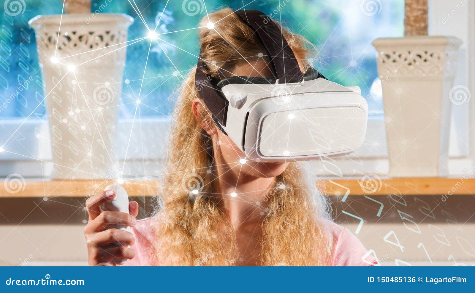 Young Girl Virtual Reality Headset, 3d Lines and Random Numbers Stock ...