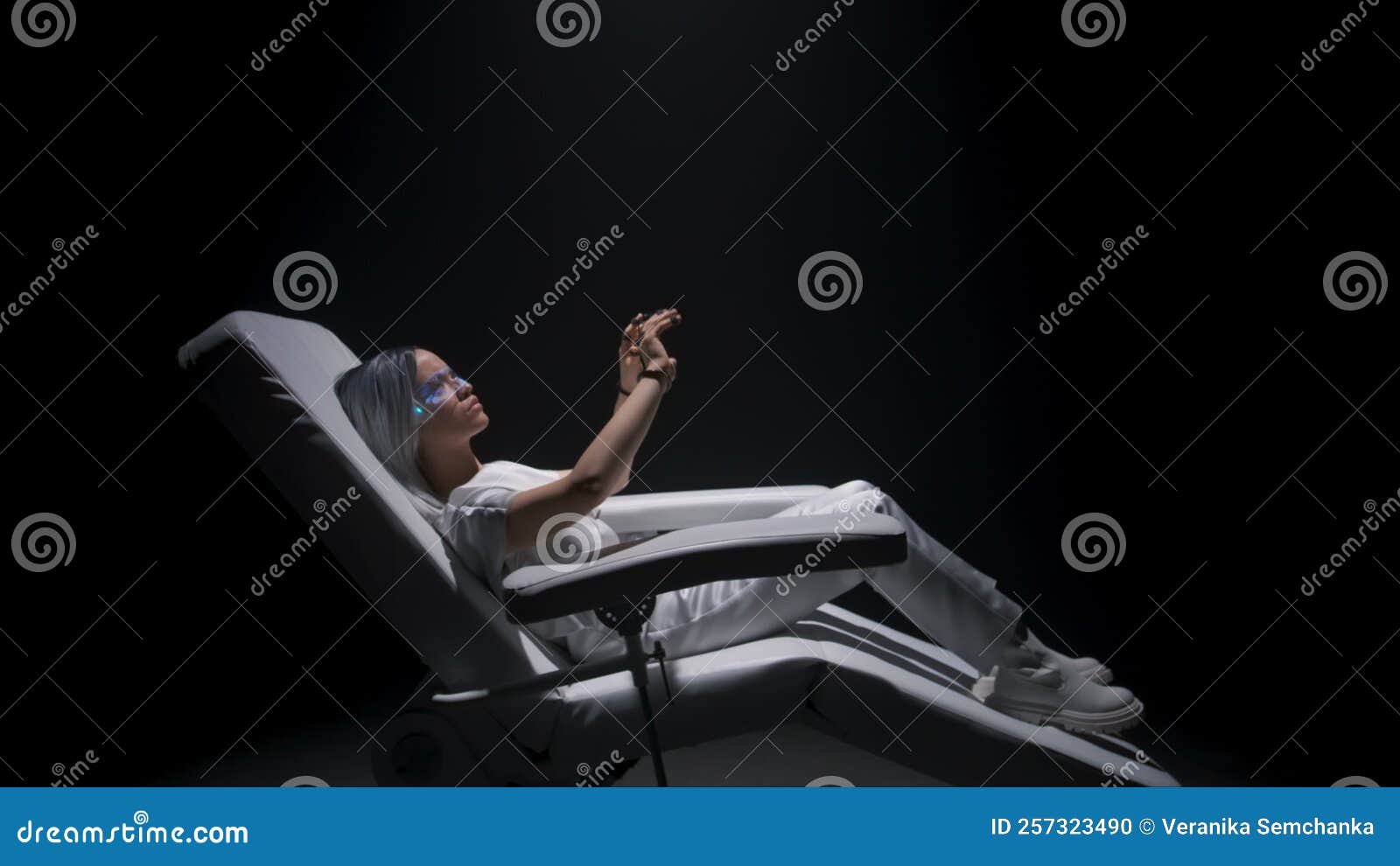 VR Gamer Sitting Moving Interactive Chair. Woman Experience Console ...