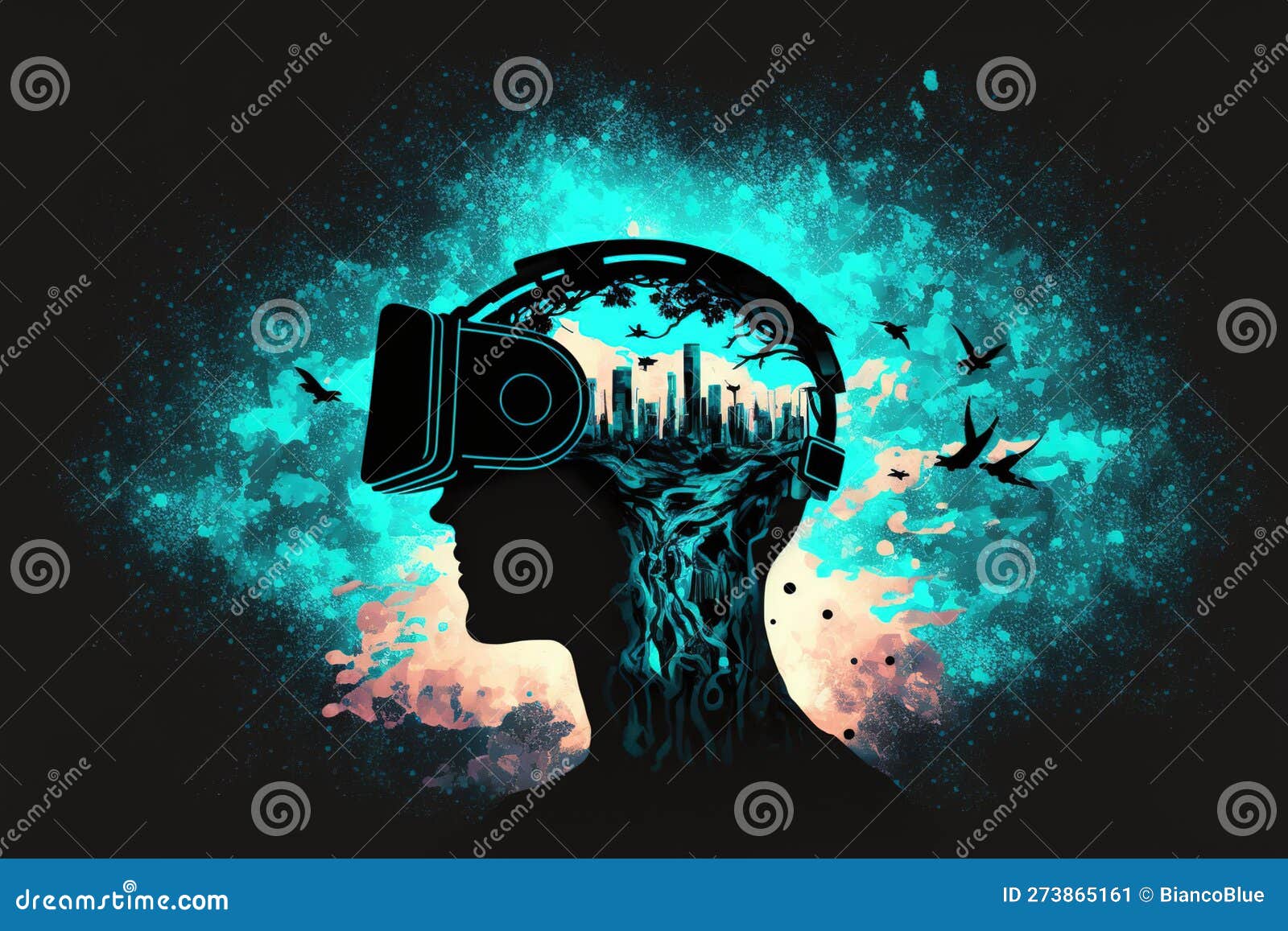 VR Goggle Headset Double Exposure Head Metaverse with Neon Light ...