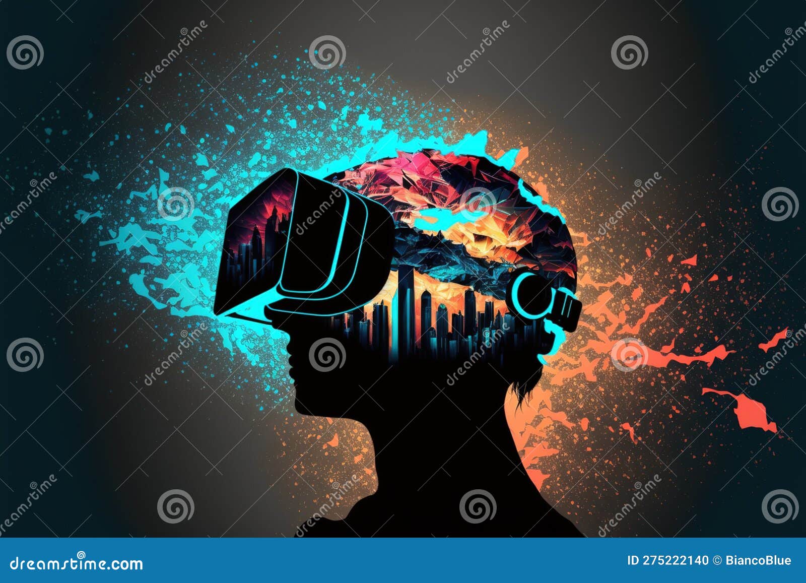VR Goggle Headset Double Exposure Head Metaverse with Neon Light ...