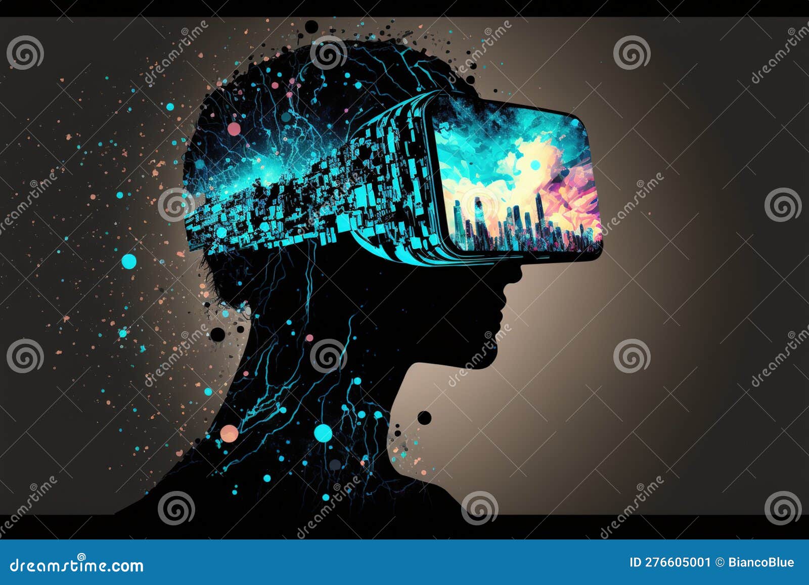 VR Goggle Headset Double Exposure Head Metaverse with Neon Light ...