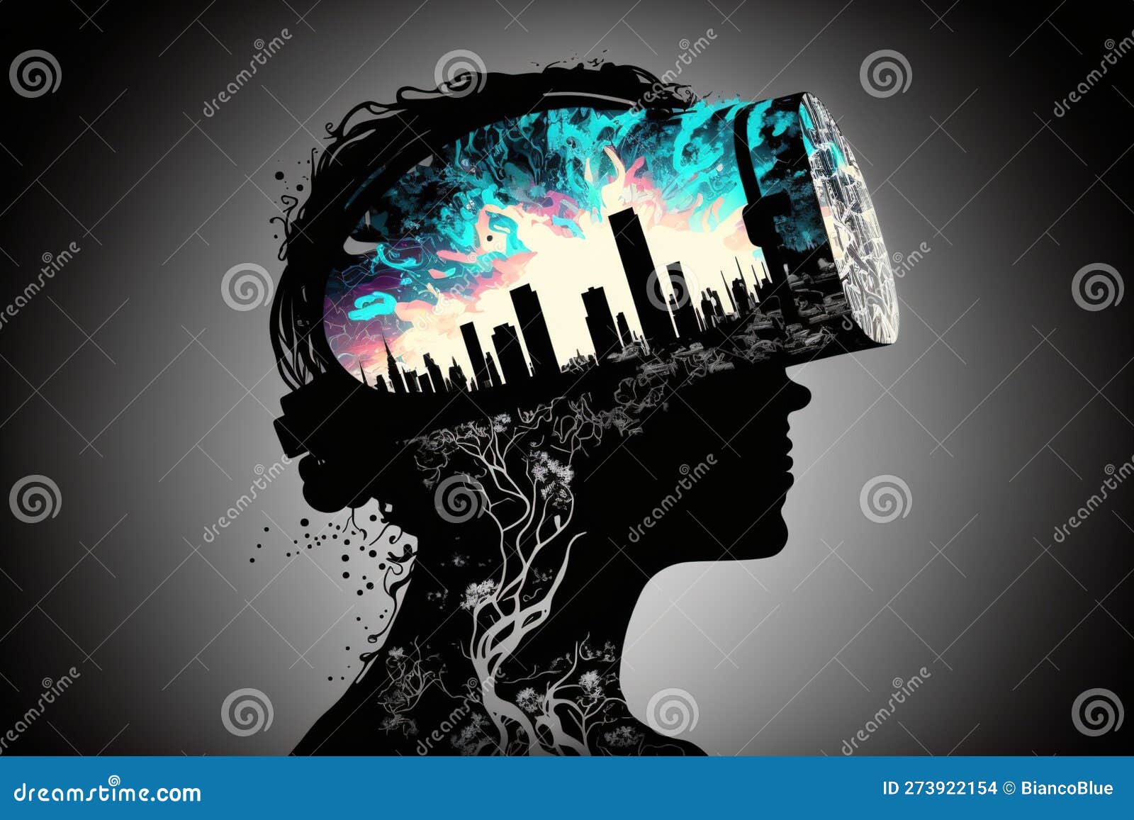 VR Goggle Headset Double Exposure Head Metaverse with Neon Light ...