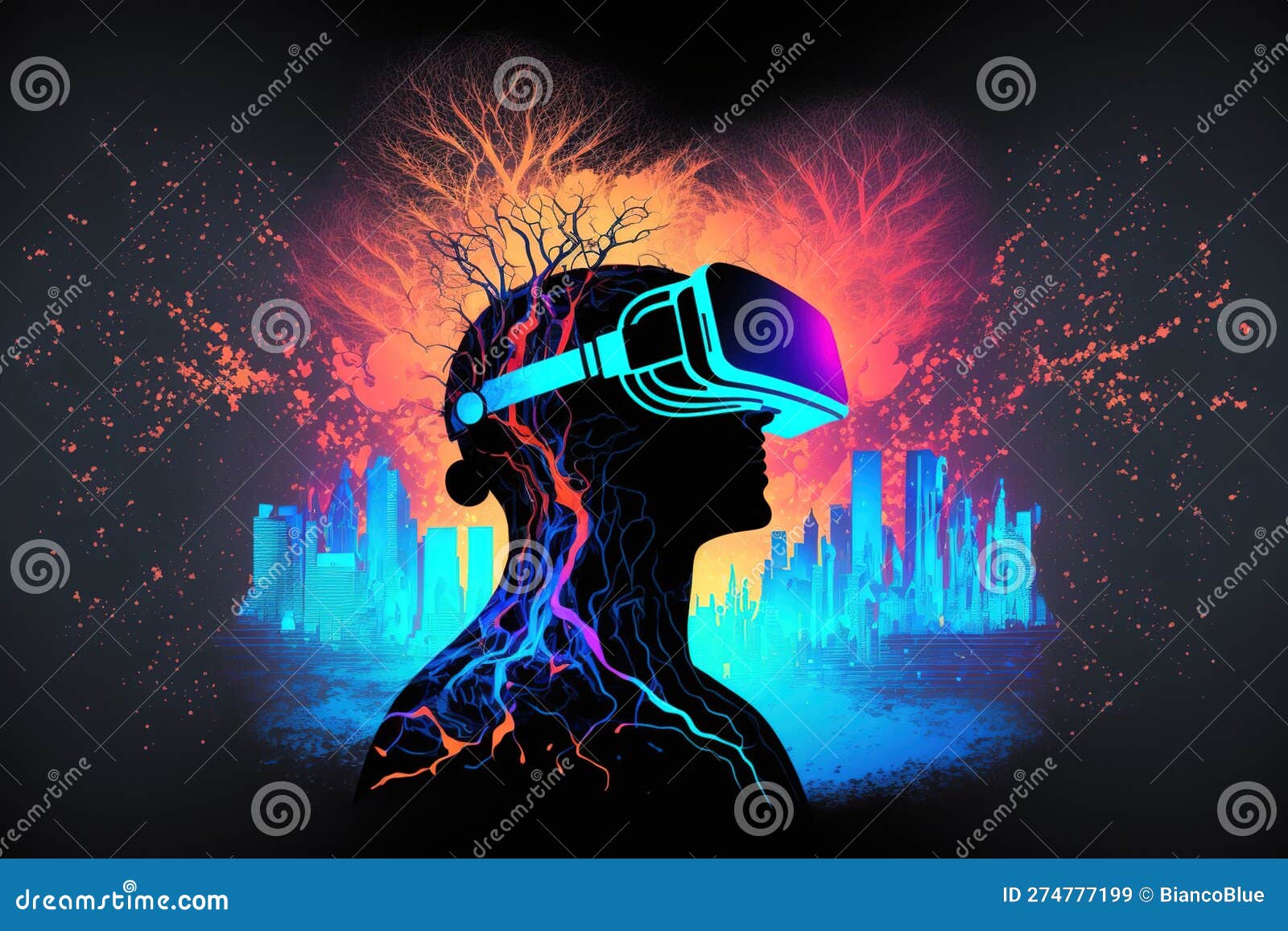 VR Goggle Headset Double Exposure Head Metaverse with Neon Light ...