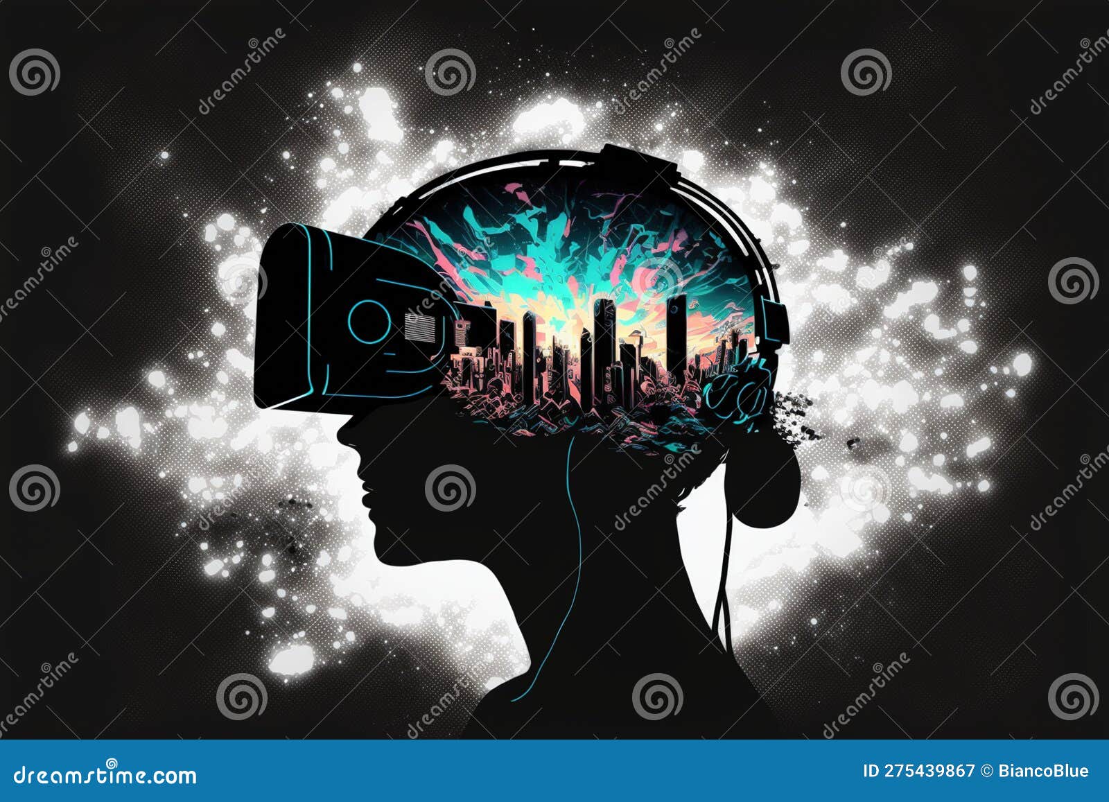 VR Goggle Headset Double Exposure Head Metaverse with Neon Light ...