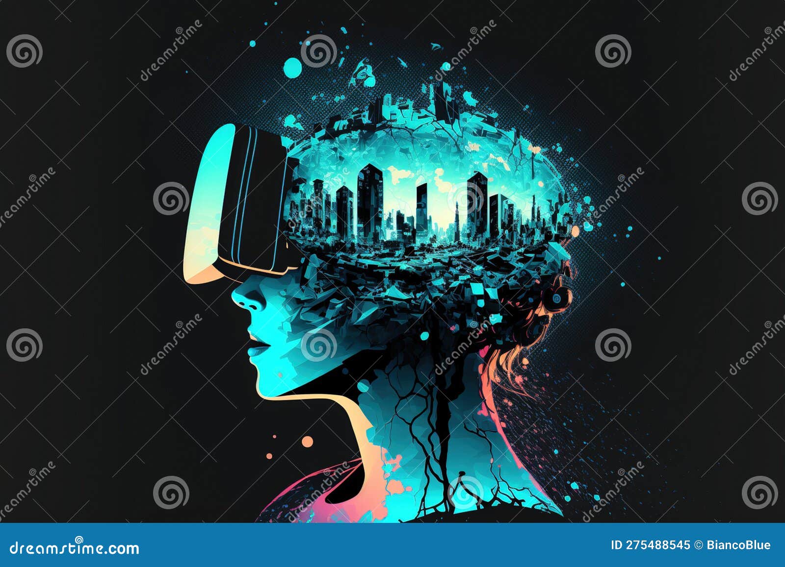 VR Goggle Headset Double Exposure Head Metaverse with Neon Light ...