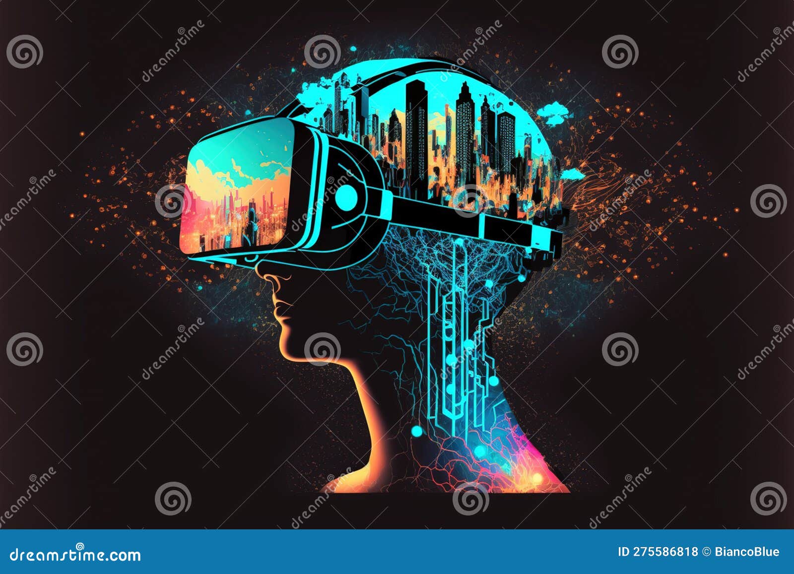 VR Goggle Headset Double Exposure Head Metaverse with Neon Light ...